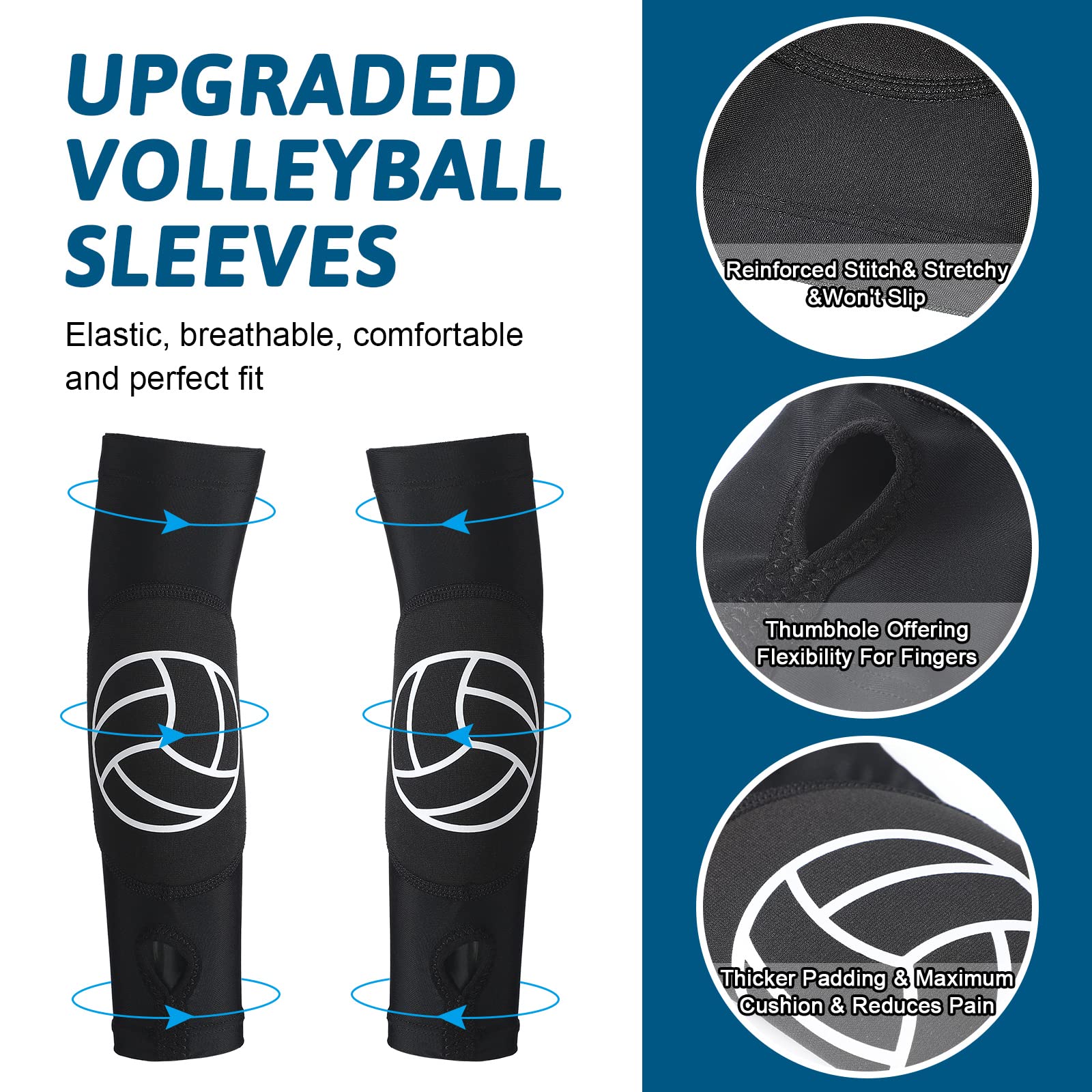 Minatee Volleyball Arm Sleeves Passing Hitting Forearm Sleeves with Protection Pads and Thumb Hole(2 Pairs,12 Inch)