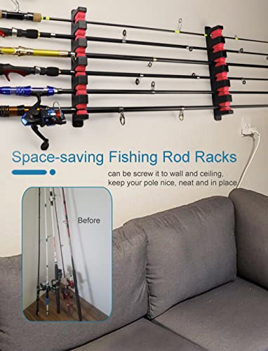 Ducurt Fishing Rod Rack Holders Wall-mounted Fish Pole Holder for Garage & Boat 6-Rod Storage Racks (Horizontal Red, 1 Pair)