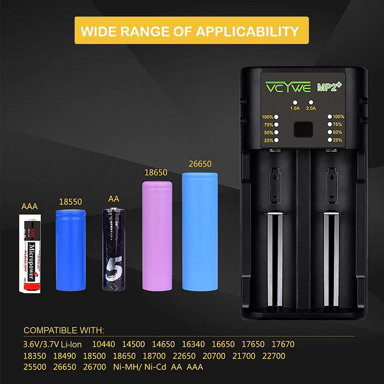 2 Slots Smart Charger Universal Intelligent LED Battery Charger 18650 Compatible with Most 3.6V/3.7V Li-Ion and Ni-MH Ni-Cd 1.2V A AA AAA C SC F6 Rechargeable Batteries Current 1.0A 2.0A Optional