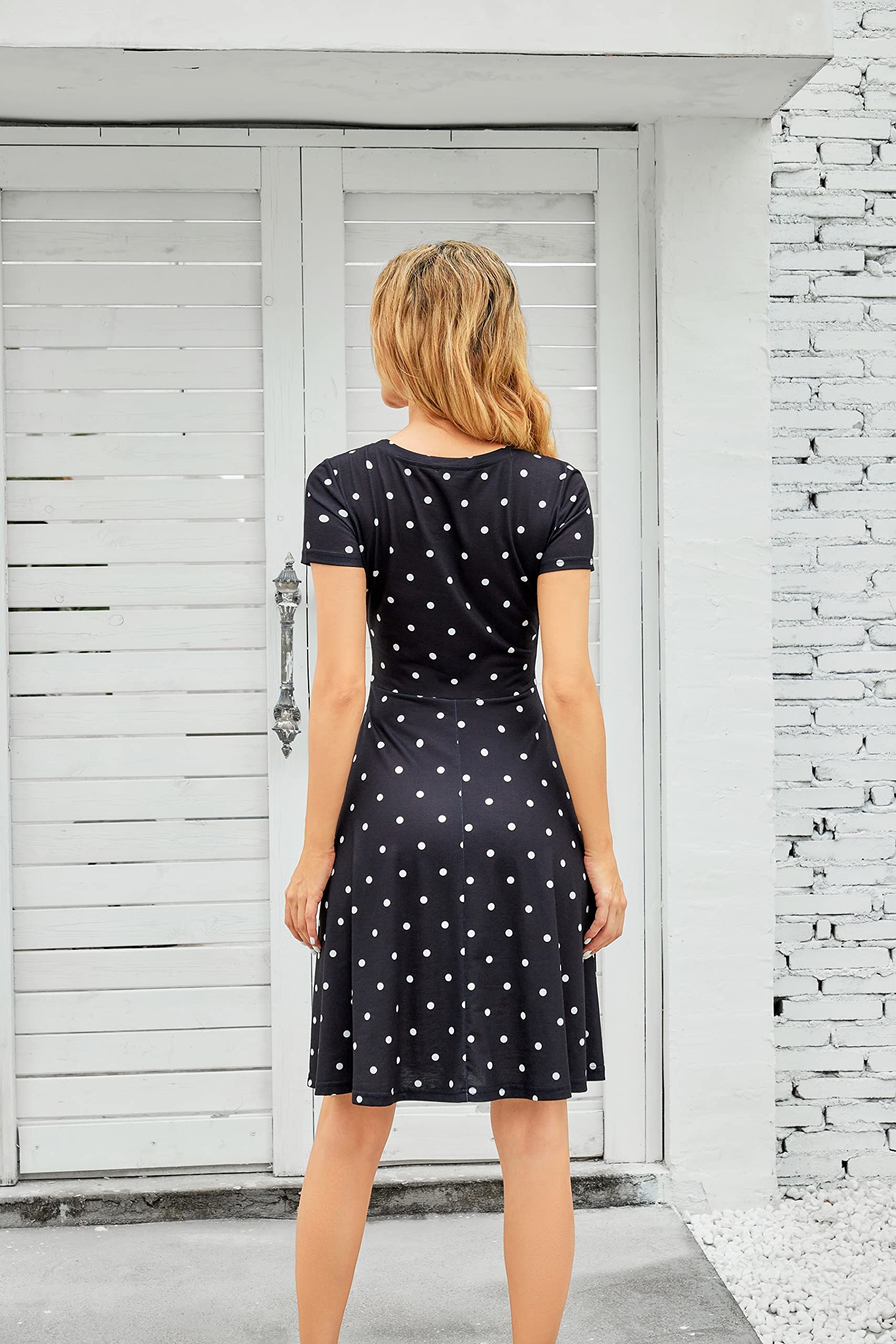 MicroStar dresses for women 2023 Slim Short Sleeve Round Neck A Line Fit and Flare Knee Length Sun Dress Black Polka Dot