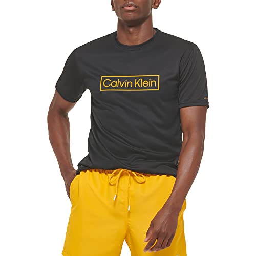 Calvin Klein Men's Standard Light Weight Quick Dry Short Sleeve 40+ UPF Protection Active Top, Black Logo, X-Large
