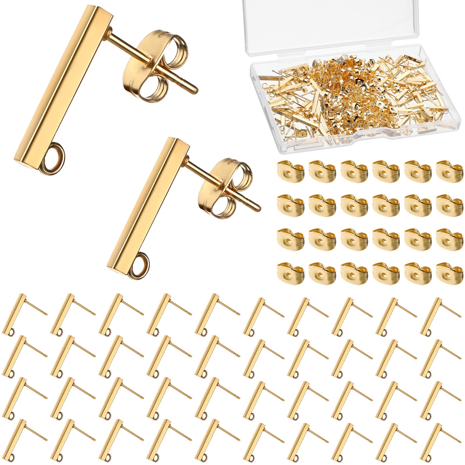 Hinly 80 Pieces Stainless Steel Earring Posts Stud Earring with Loop 80 Pieces Ear Nut Bar Pierced Post for DIY Jewelry Making, 2 Sizes(Gold)