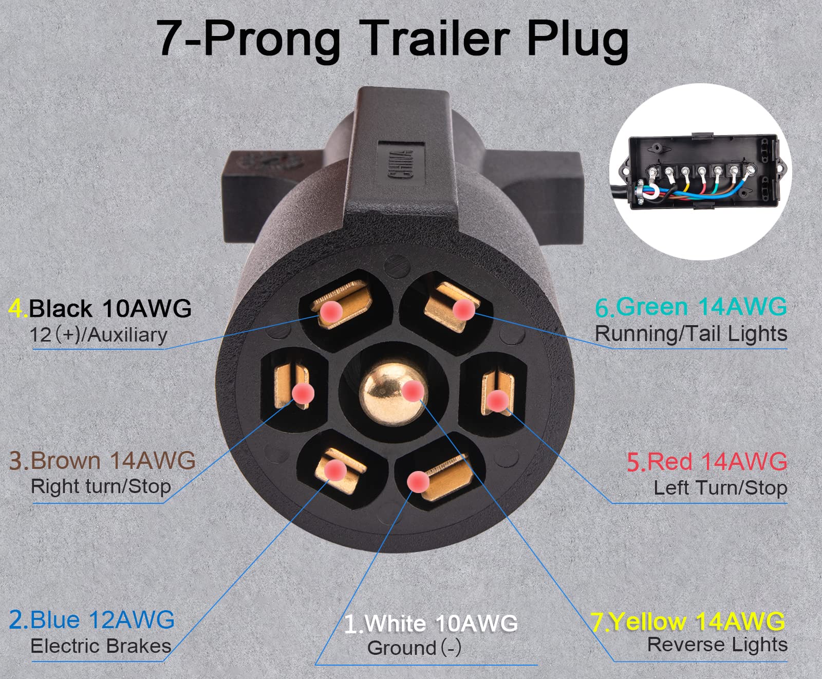 7 Pin Trailer Wiring Harness Plug, 7 Way Plug Inline Trailer Cord, 8 Feet, with Box, for Your Trailers, RVs, Campers, caravans, Food Vans and Other Towed Vehicles