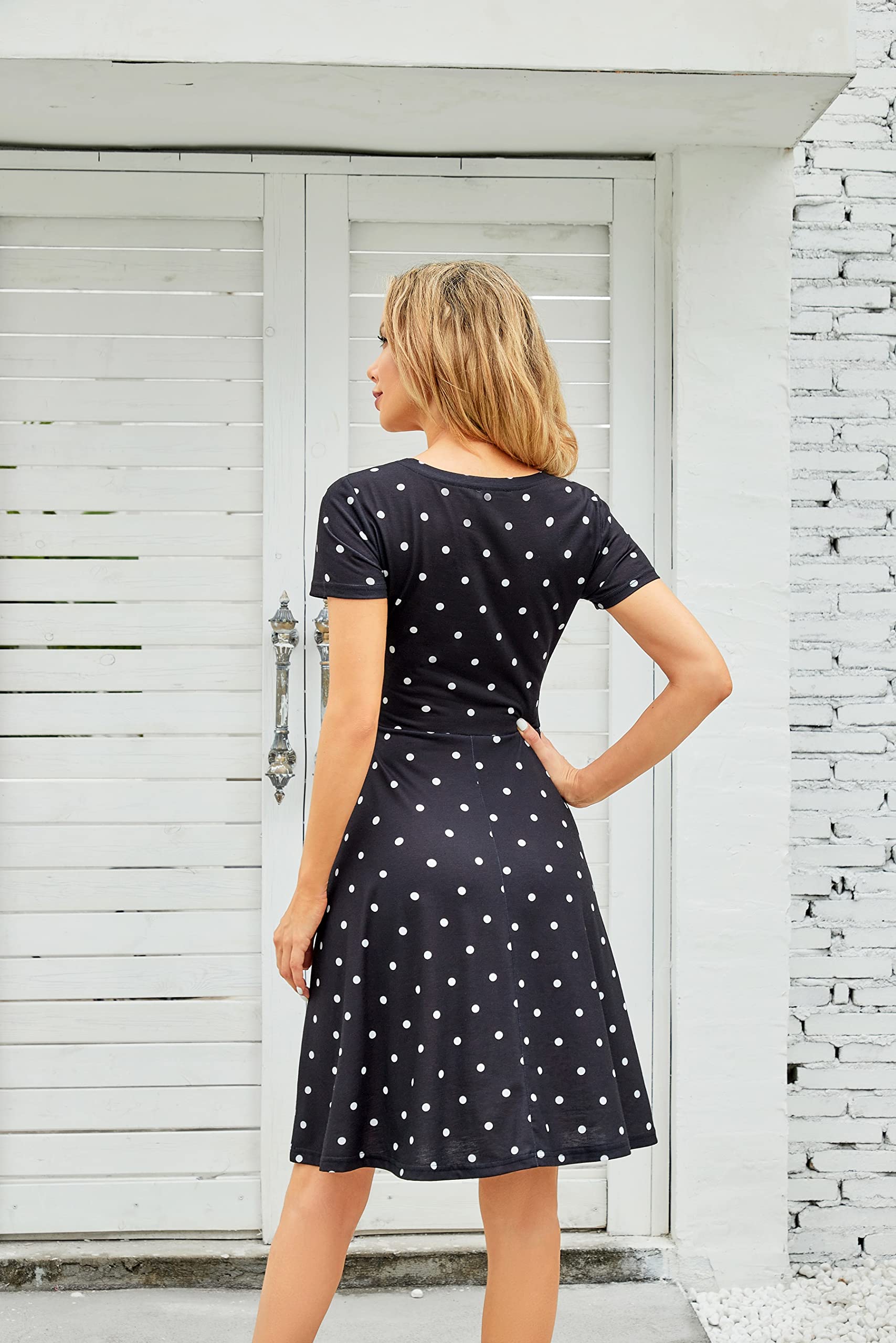 MicroStar dresses for women 2023 Slim Short Sleeve Round Neck A Line Fit and Flare Knee Length Sun Dress Black Polka Dot