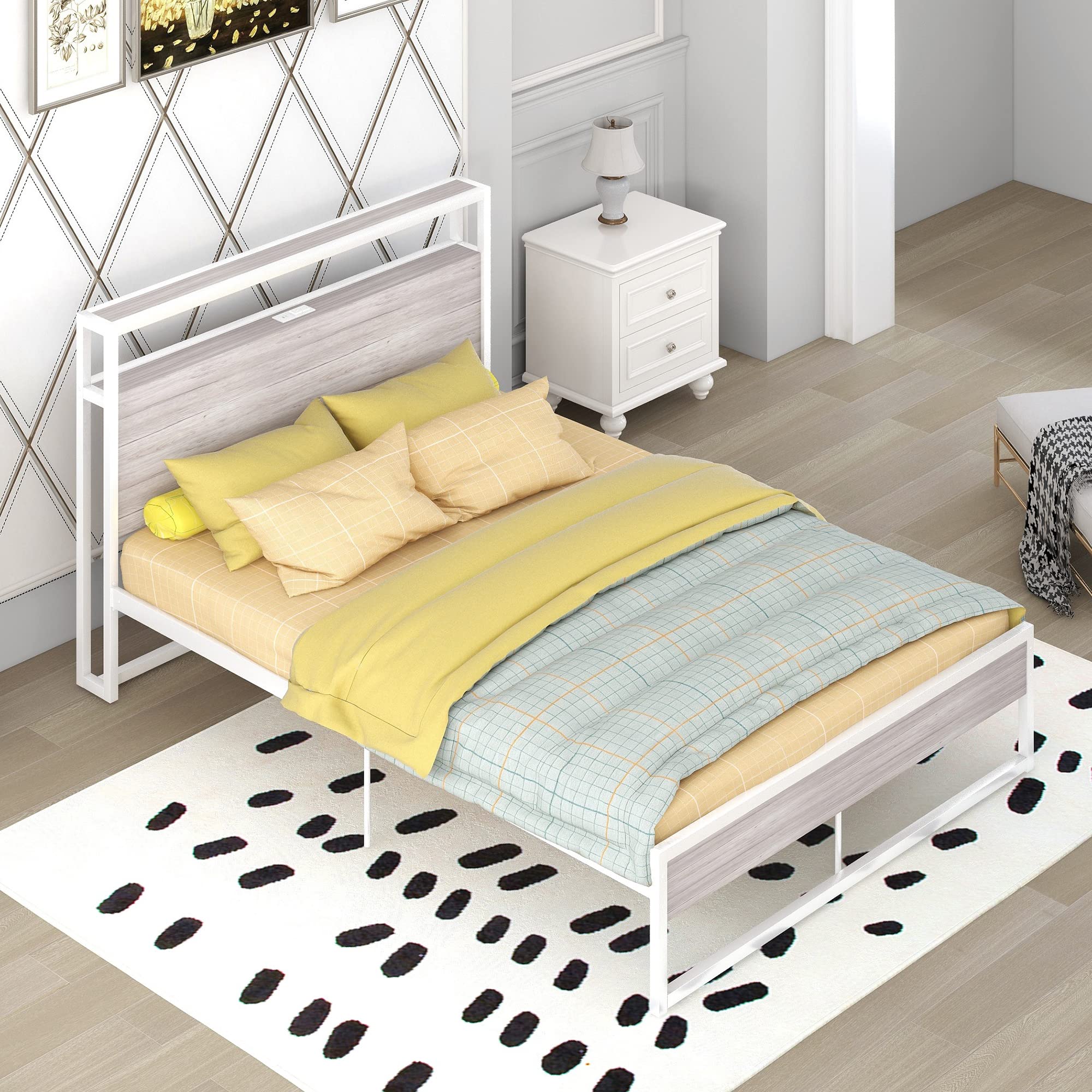 Bellemave Full Metal Bed Frame with Wooden Headboard and USB Ports Full Size Platform Bed 2-Tier Storage Headboard and Charging Station, Noise-Free, No Box Spring Needed, White
