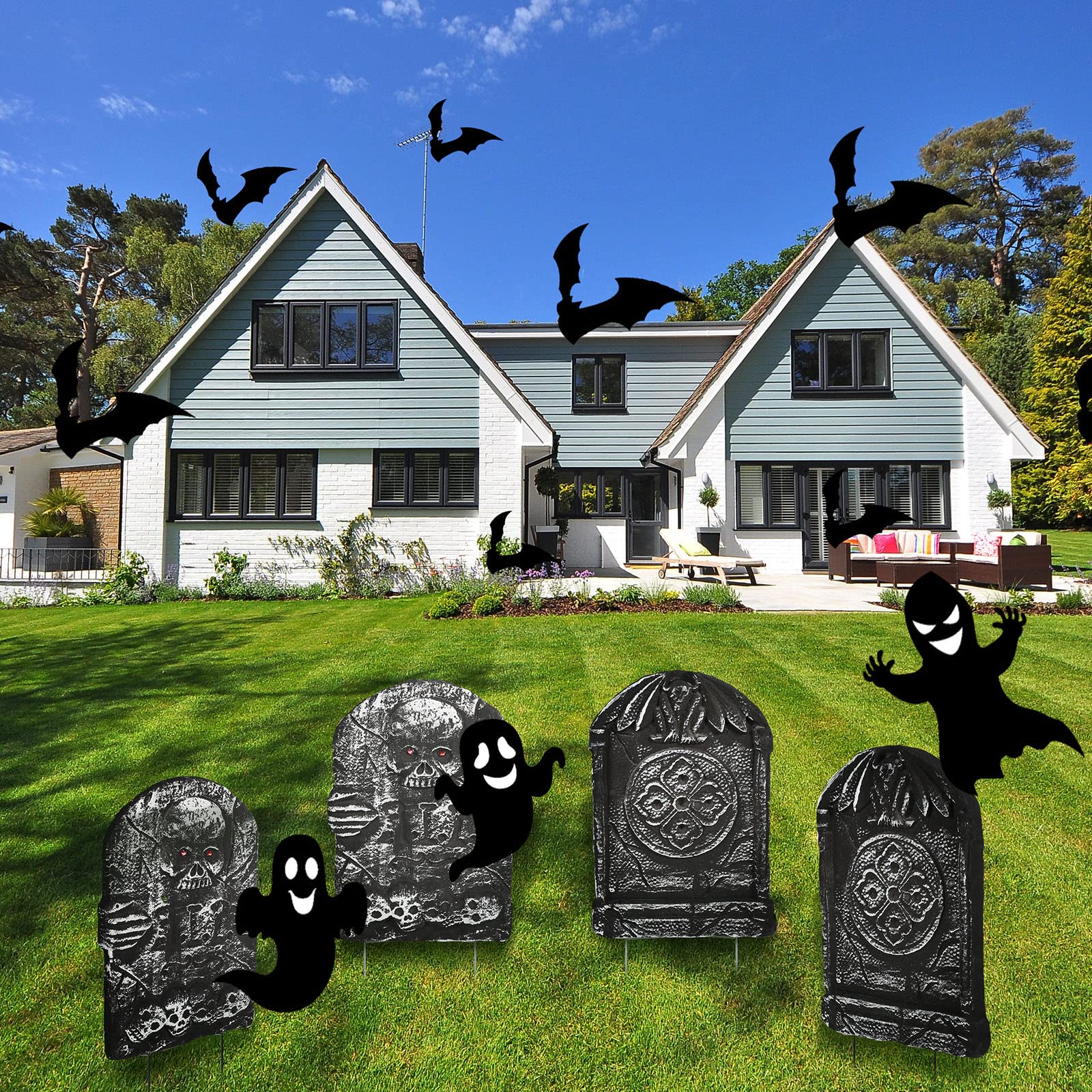 Hotop Halloween Tombstone Metal Stakes for Foam 6.5 x 3 Inches Tombstone Graveyard T Shaped Stakes for Halloween Outdoor Graveyard Yard Lawn Decorations(Silver, Black,20 Pieces)