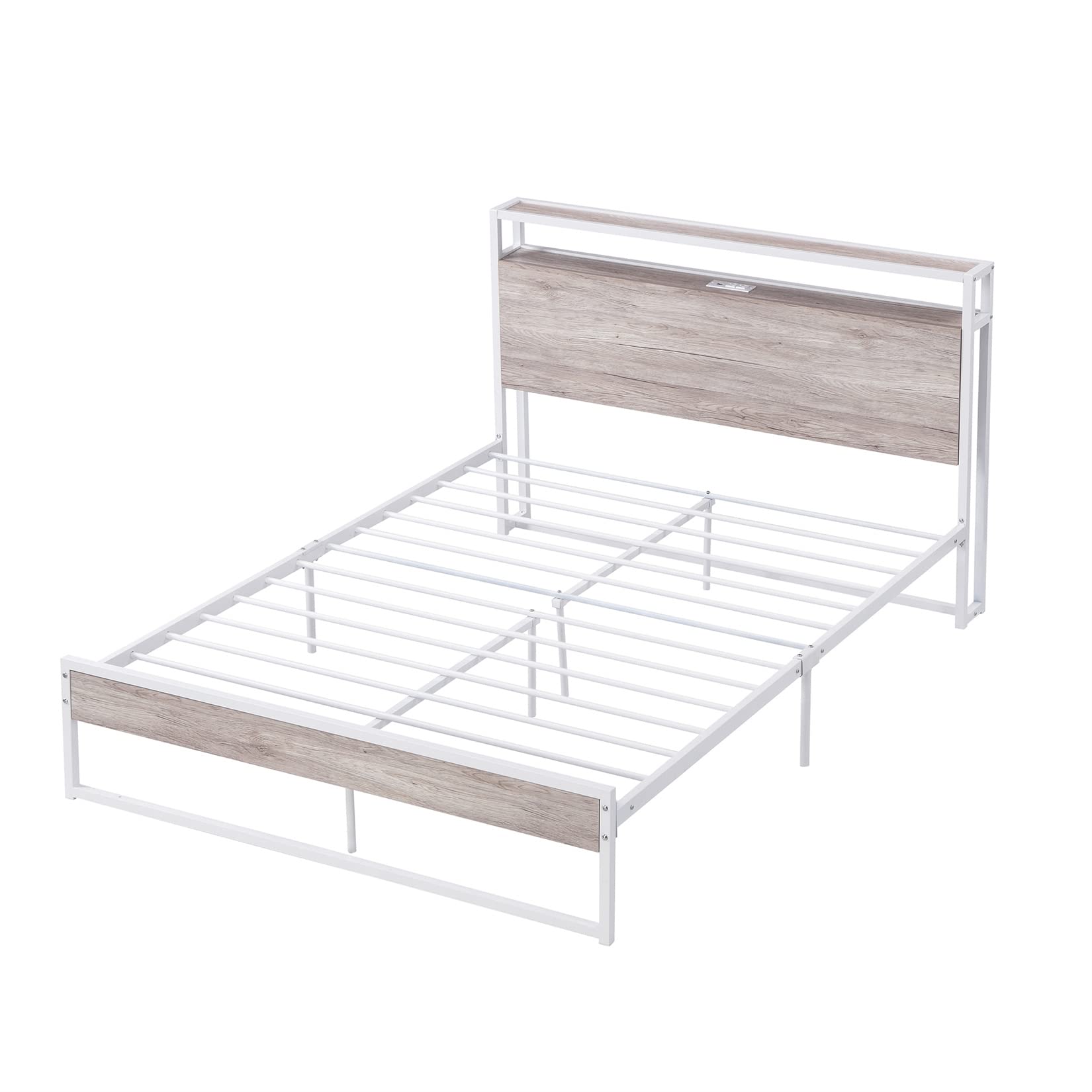 Bellemave Full Metal Bed Frame with Wooden Headboard and USB Ports Full Size Platform Bed 2-Tier Storage Headboard and Charging Station, Noise-Free, No Box Spring Needed, White