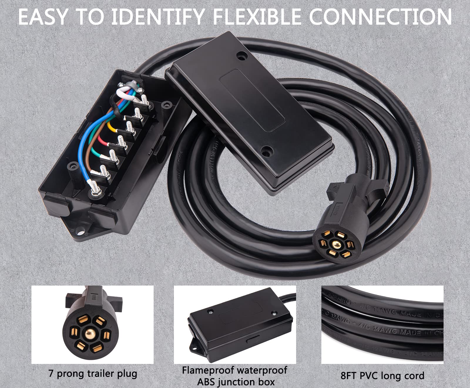 7 Pin Trailer Wiring Harness Plug, 7 Way Plug Inline Trailer Cord, 8 Feet, with Box, for Your Trailers, RVs, Campers, caravans, Food Vans and Other Towed Vehicles