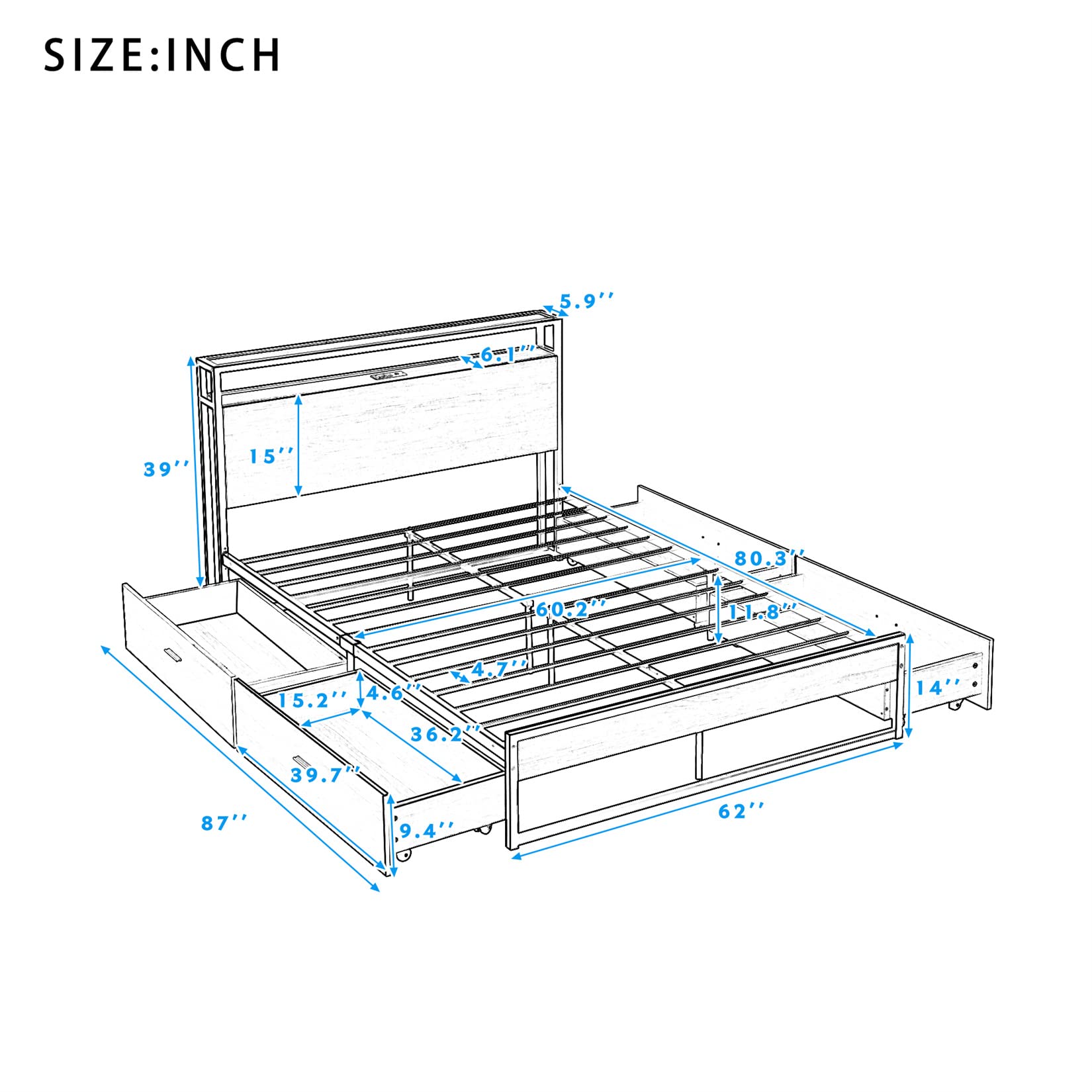 Bellemave Full Metal Bed Frame with Wooden Headboard and USB Ports Full Size Platform Bed 2-Tier Storage Headboard and Charging Station, Noise-Free, No Box Spring Needed, White