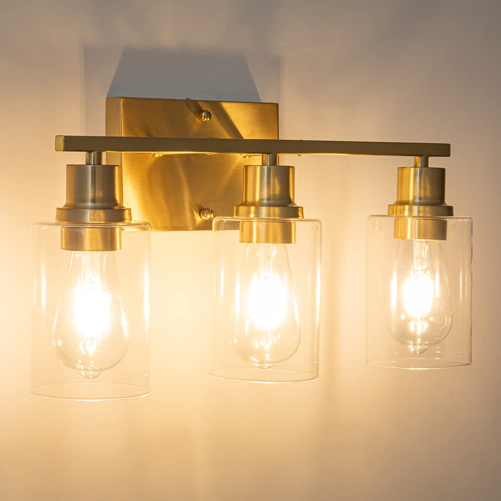 EMONG Gold Bathroom Light Fixtures, 3-Lights Vanity Light with Clear Glass Shade, Brushed Brass Wall Sconce for Hallway, Farmhouse, Living Room