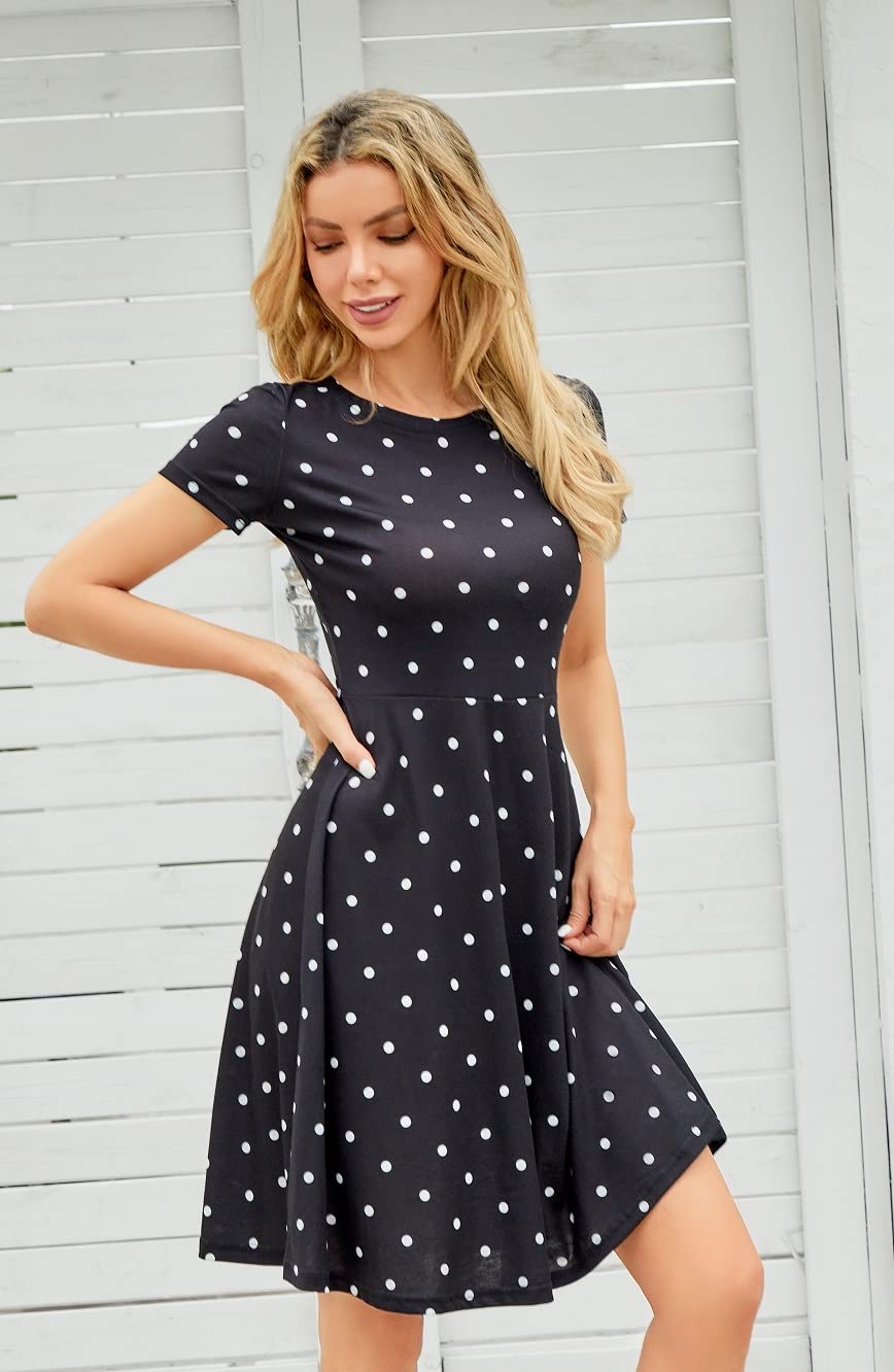 MicroStar dresses for women 2023 Slim Short Sleeve Round Neck A Line Fit and Flare Knee Length Sun Dress Black Polka Dot