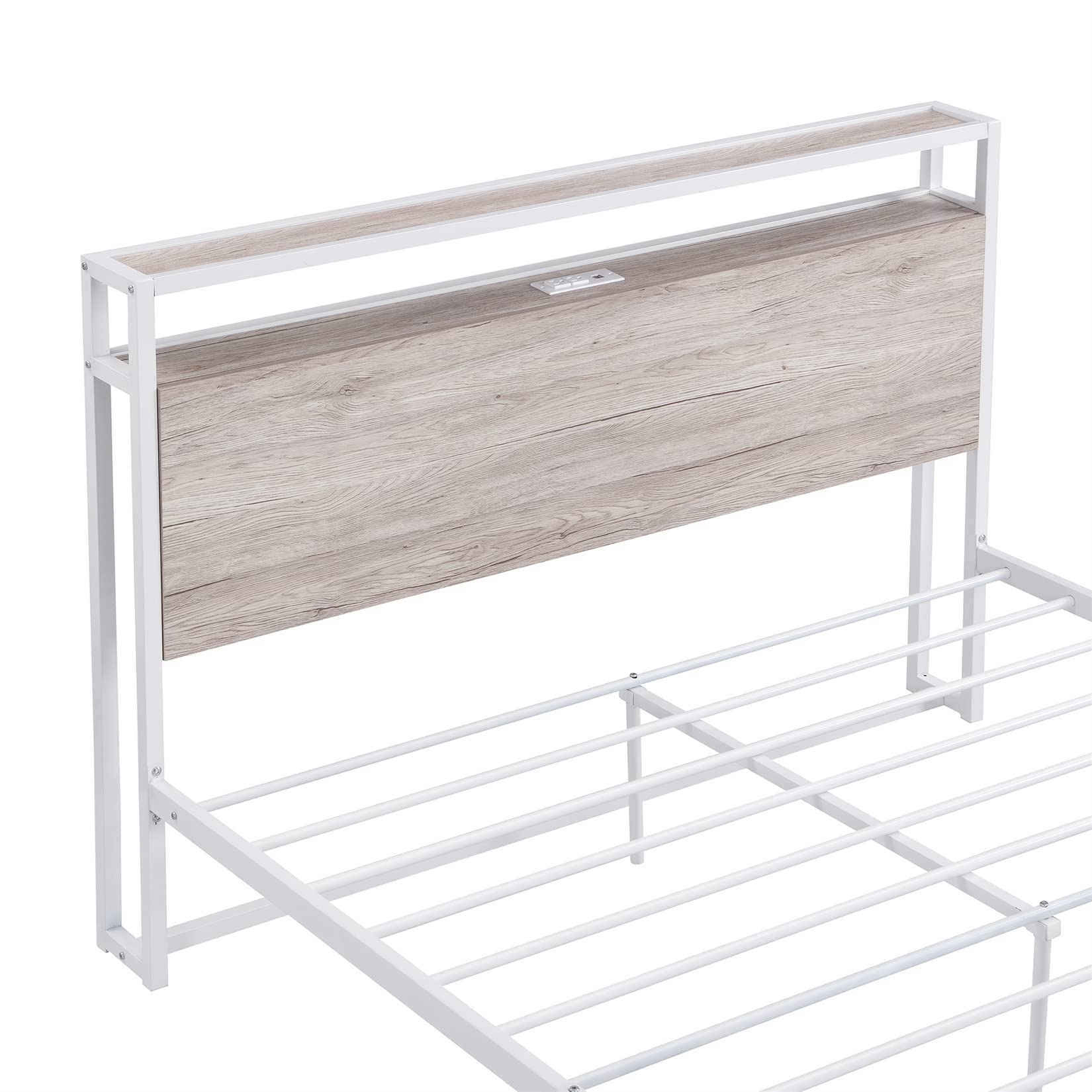 Bellemave Full Metal Bed Frame with Wooden Headboard and USB Ports Full Size Platform Bed 2-Tier Storage Headboard and Charging Station, Noise-Free, No Box Spring Needed, White