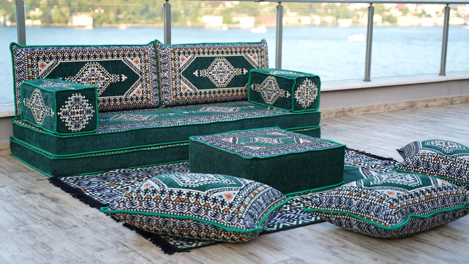 Green Floor Couch Set, Sectional Sofas, Arabic Floor Sofa Set, Yoga Meditation Mat, Futon Sofa Bed, Sofa Covers (Sofa Full Set, 8'' Thickness (20 cm))
