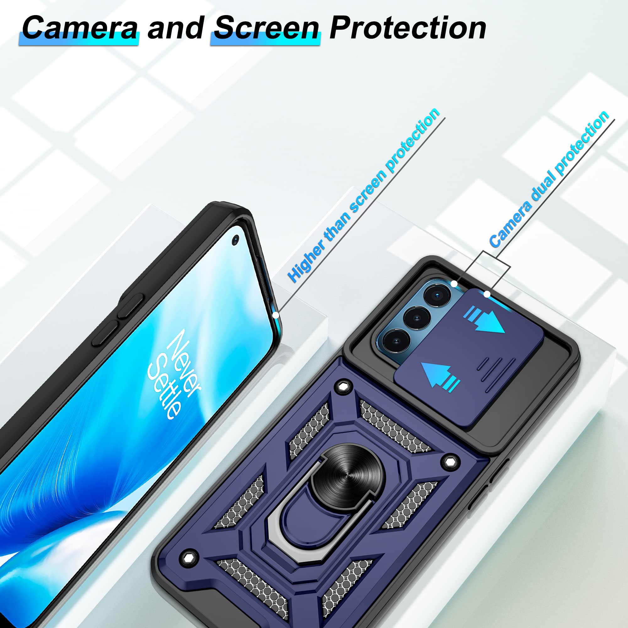 for OnePlus Nord N200 5G Case with HD Screen Protector with Slide Camera Cover, Atump 360° Rotation Ring Kickstand [Military Grade] Shockproof Protective Case for OnePlus Nord N200 5G,Blue