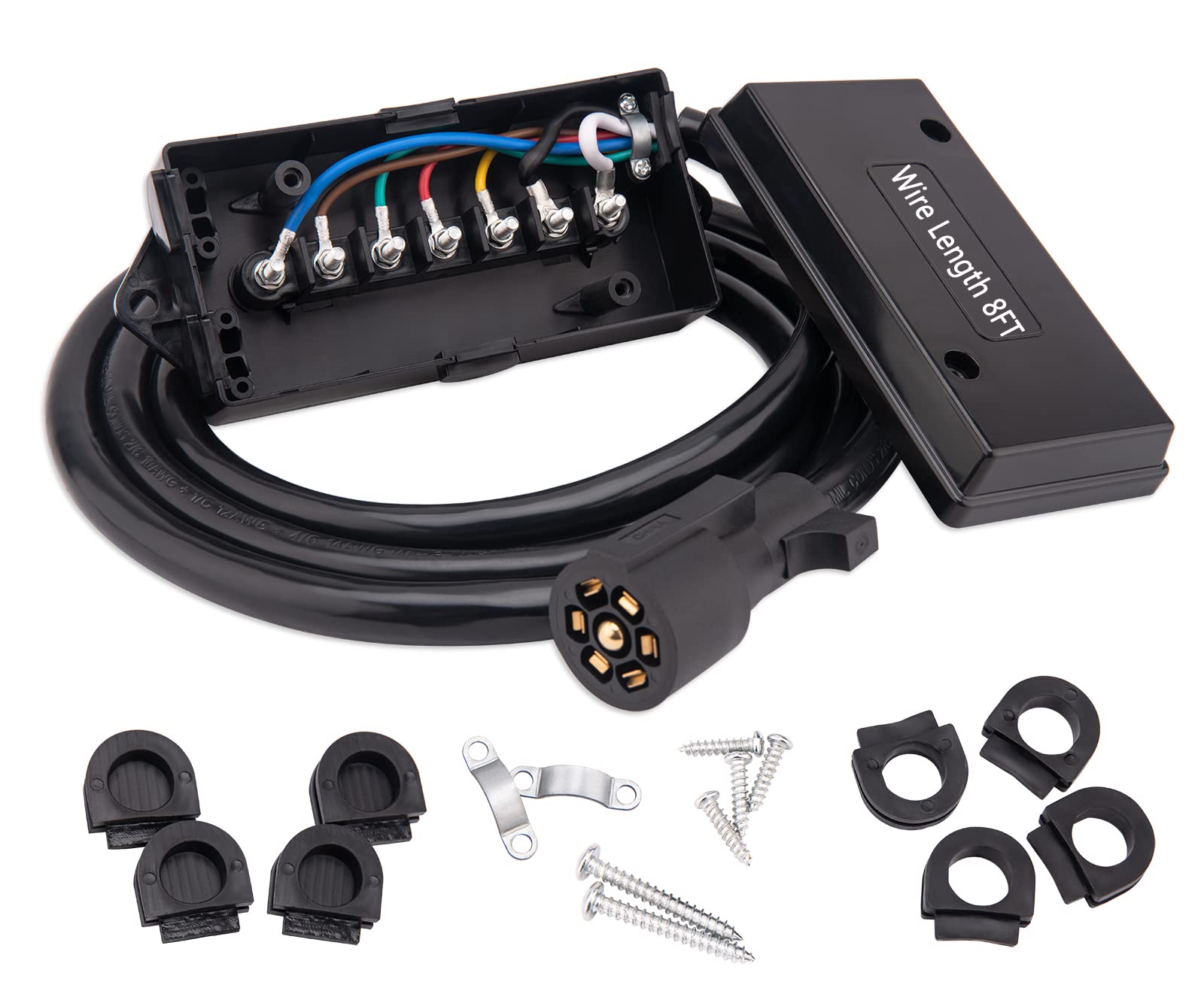 7 Pin Trailer Wiring Harness Plug, 7 Way Plug Inline Trailer Cord, 8 Feet, with Box, for Your Trailers, RVs, Campers, caravans, Food Vans and Other Towed Vehicles