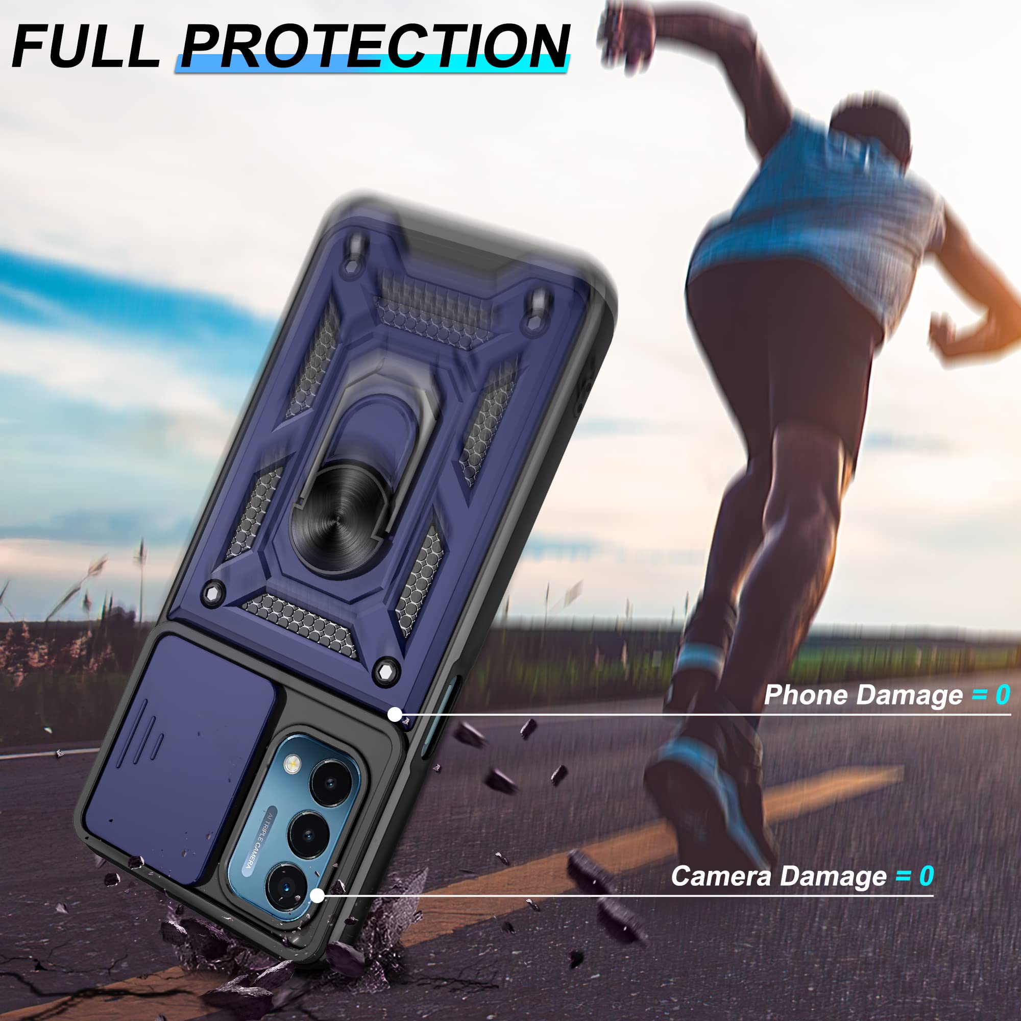 for OnePlus Nord N200 5G Case with HD Screen Protector with Slide Camera Cover, Atump 360° Rotation Ring Kickstand [Military Grade] Shockproof Protective Case for OnePlus Nord N200 5G,Blue