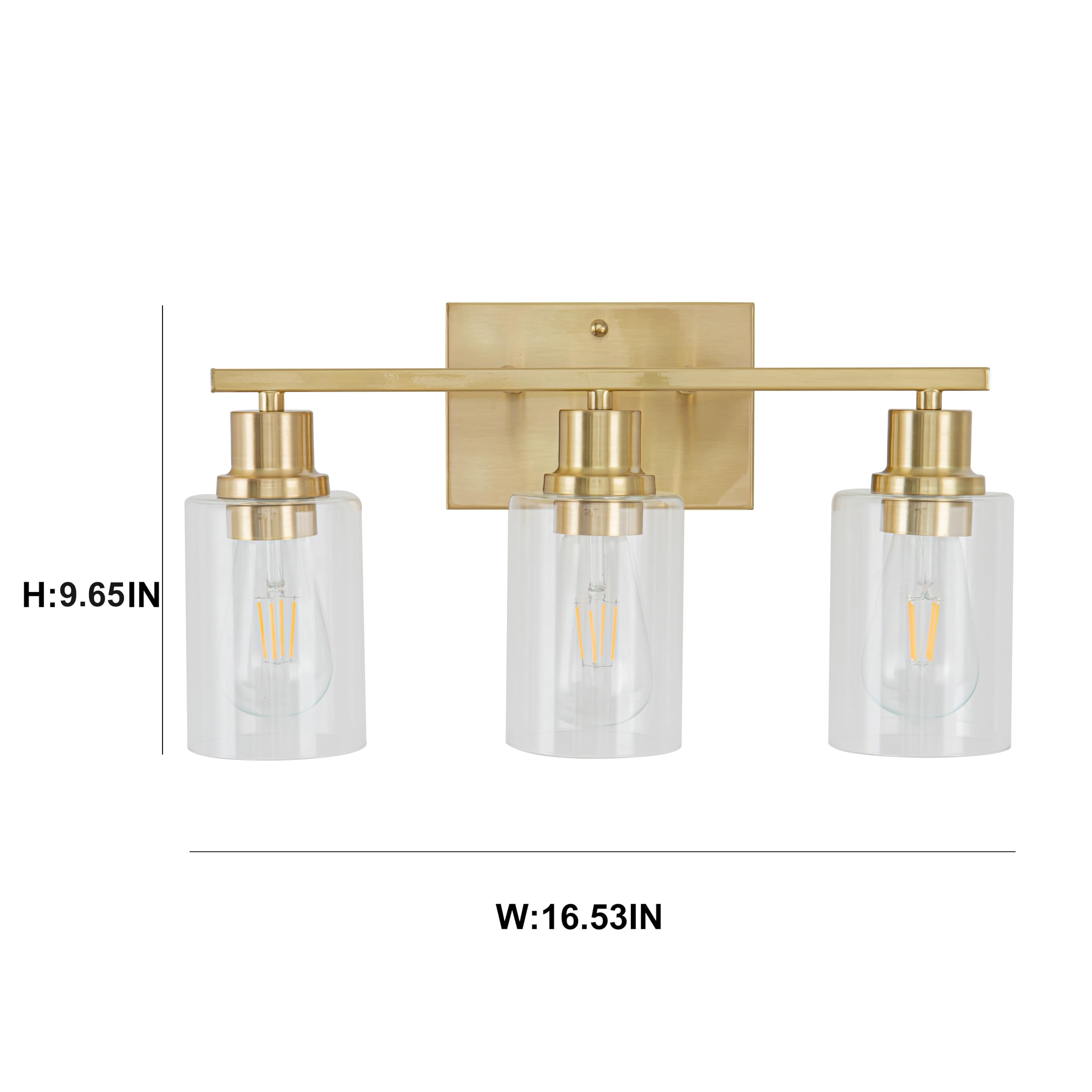 EMONG Gold Bathroom Light Fixtures, 3-Lights Vanity Light with Clear Glass Shade, Brushed Brass Wall Sconce for Hallway, Farmhouse, Living Room