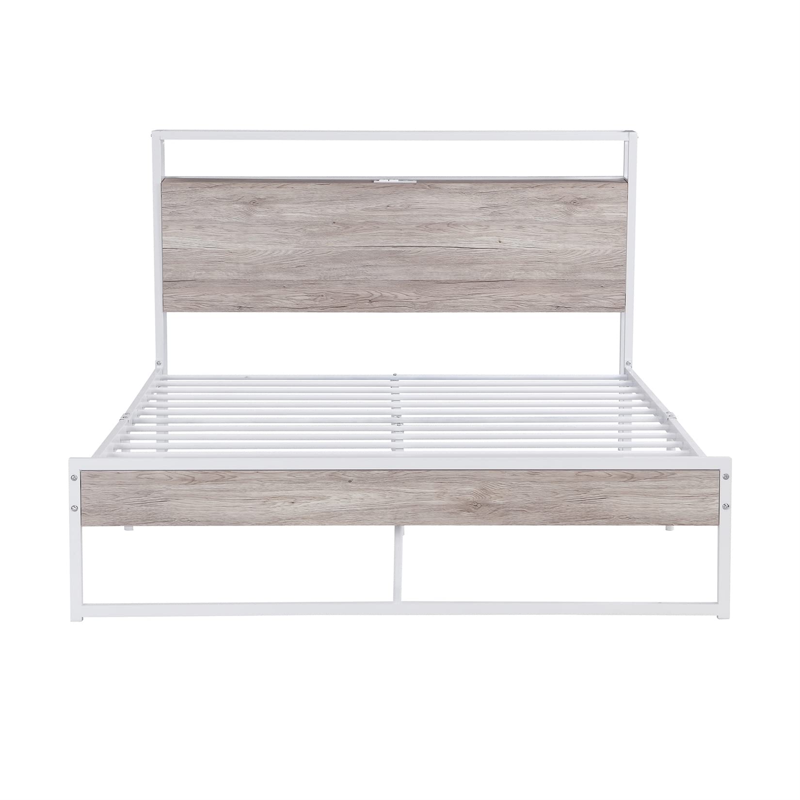 Bellemave Full Metal Bed Frame with Wooden Headboard and USB Ports Full Size Platform Bed 2-Tier Storage Headboard and Charging Station, Noise-Free, No Box Spring Needed, White