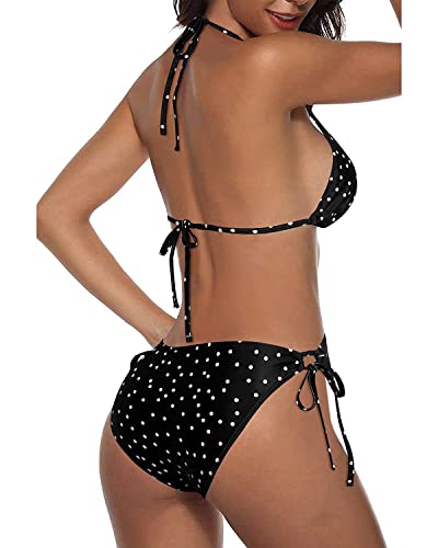 Tempt Me Women Black Polka Dot Triangle Bikini Sets Halter Two Piece Sexy Swimsuit String Tie Side Bathing Suit L