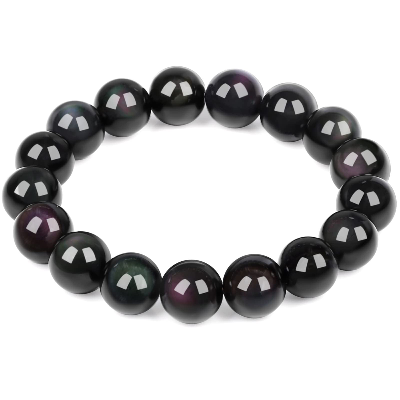Black Obsidian Bracelet With Rainbow Luster Protection Bracelet for men women, Handmade Natural Gems Crystal Stone Black Bead Bracelet, Bring Happiness And Prosperity And Luck(Obsidian 12MM)