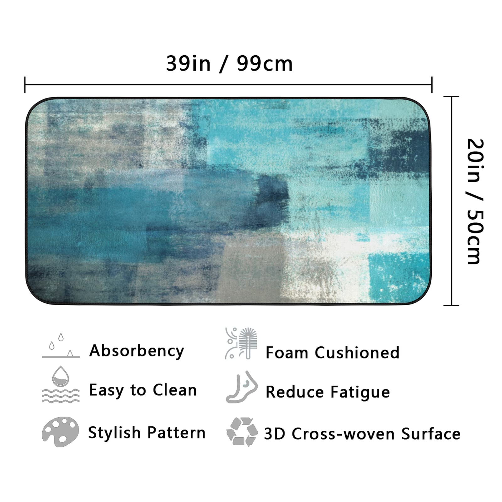 Kitchen Rug Turquoise Teal Modern Abstract Kithen Mats Non Slip Skid Washable Area Rugs Anti Fatigue Memory Foam Doormat Decor Long Runner Carpet for Floor Laundry Sink Bathroom Entryway 39X20 in