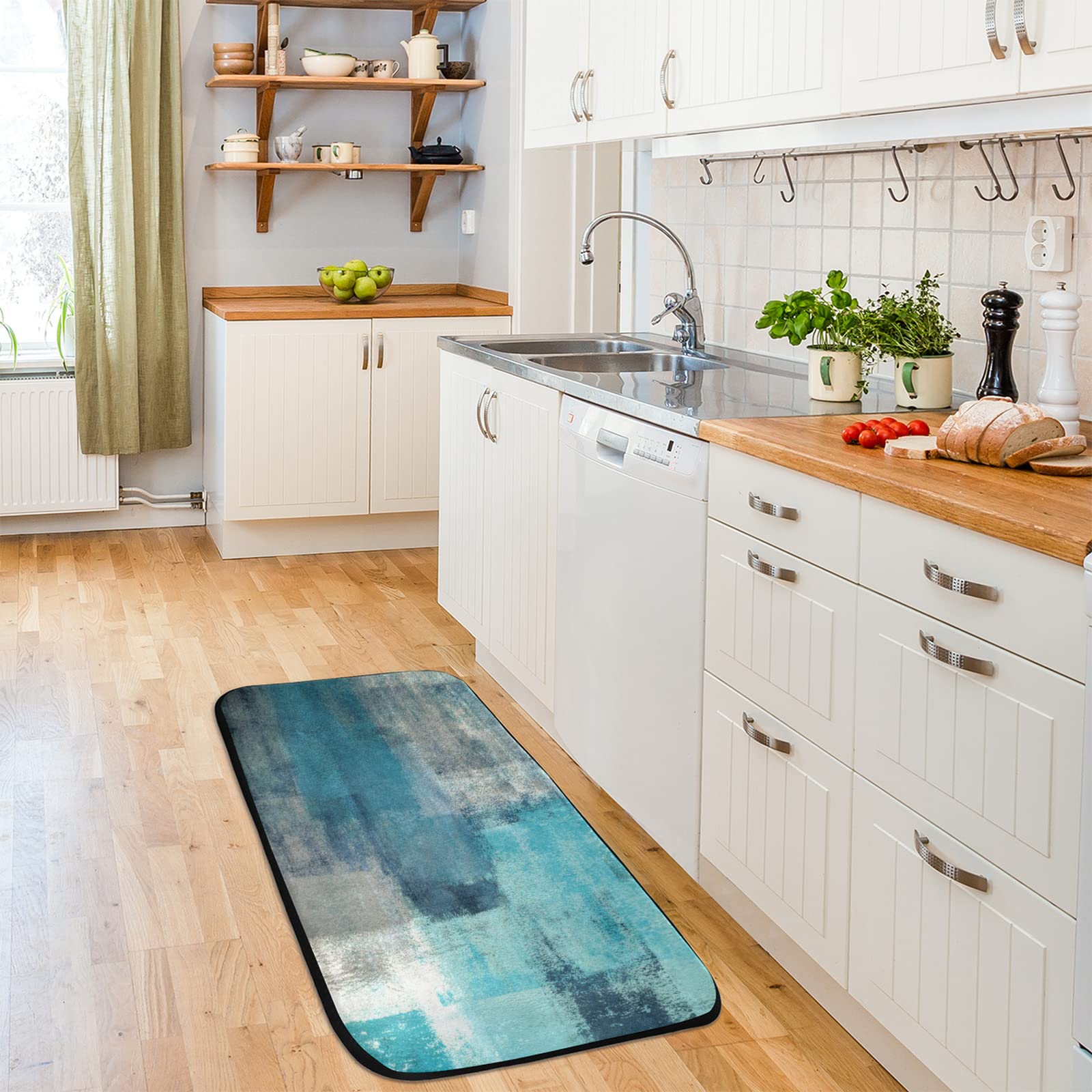 Kitchen Rug Turquoise Teal Modern Abstract Kithen Mats Non Slip Skid Washable Area Rugs Anti Fatigue Memory Foam Doormat Decor Long Runner Carpet for Floor Laundry Sink Bathroom Entryway 39X20 in