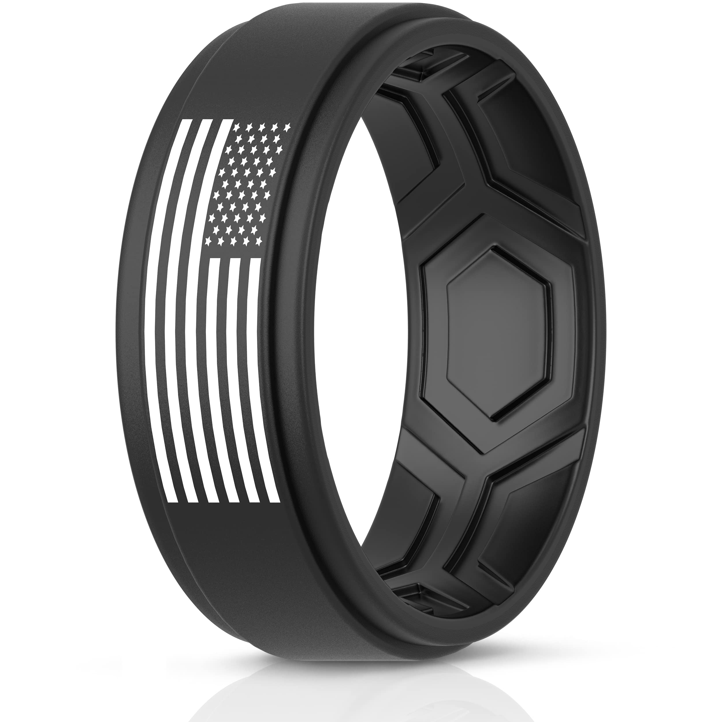 ThunderFit Silicone Wedding Rings for Men, Breathable Airflow Pattern 9mm Wide 2mm Thick - 1/4/5/8 Variety Multipack (Black-Black with Flag - Size 10.5-11 (20.6mm))