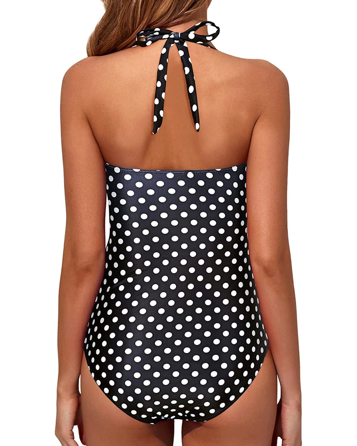 Tempt Me Women Black Polka Dot Tummy Control One Piece Swimsuits Push Up Slimming Bathing Suits Halter Vintage Swimwear L