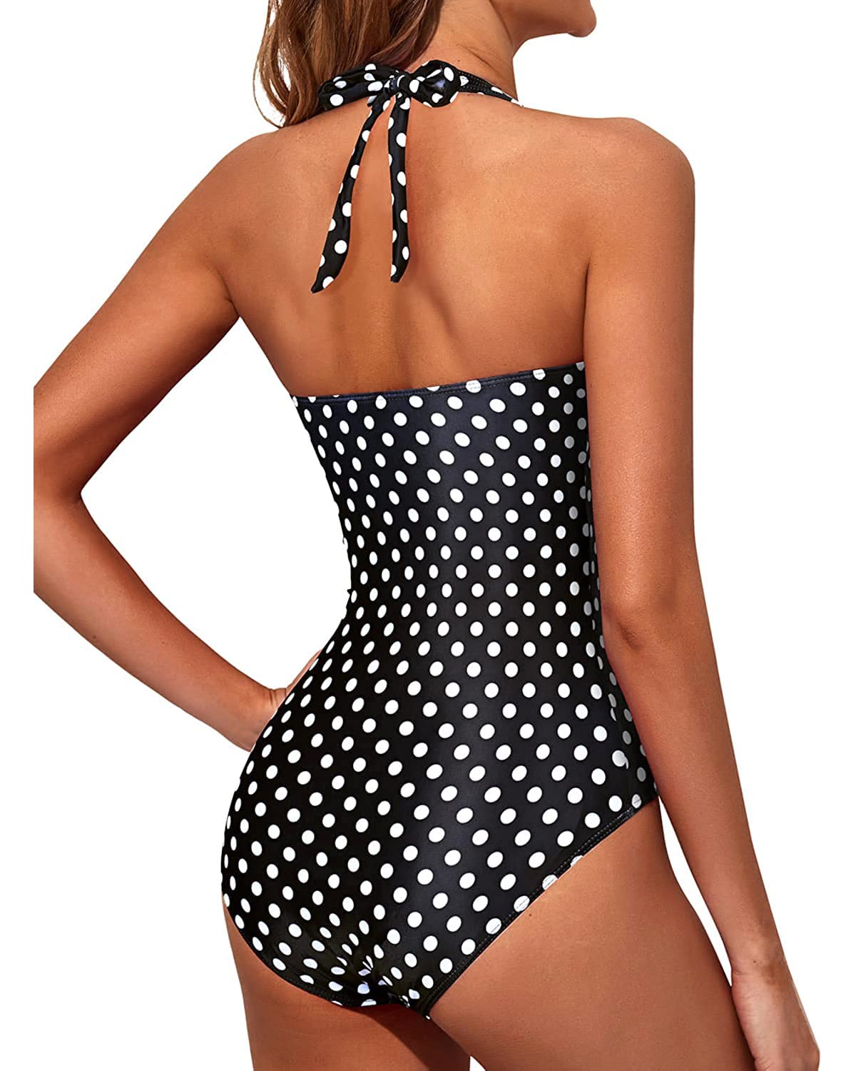 Tempt Me Women Black Polka Dot Tummy Control One Piece Swimsuits Push Up Slimming Bathing Suits Halter Vintage Swimwear L