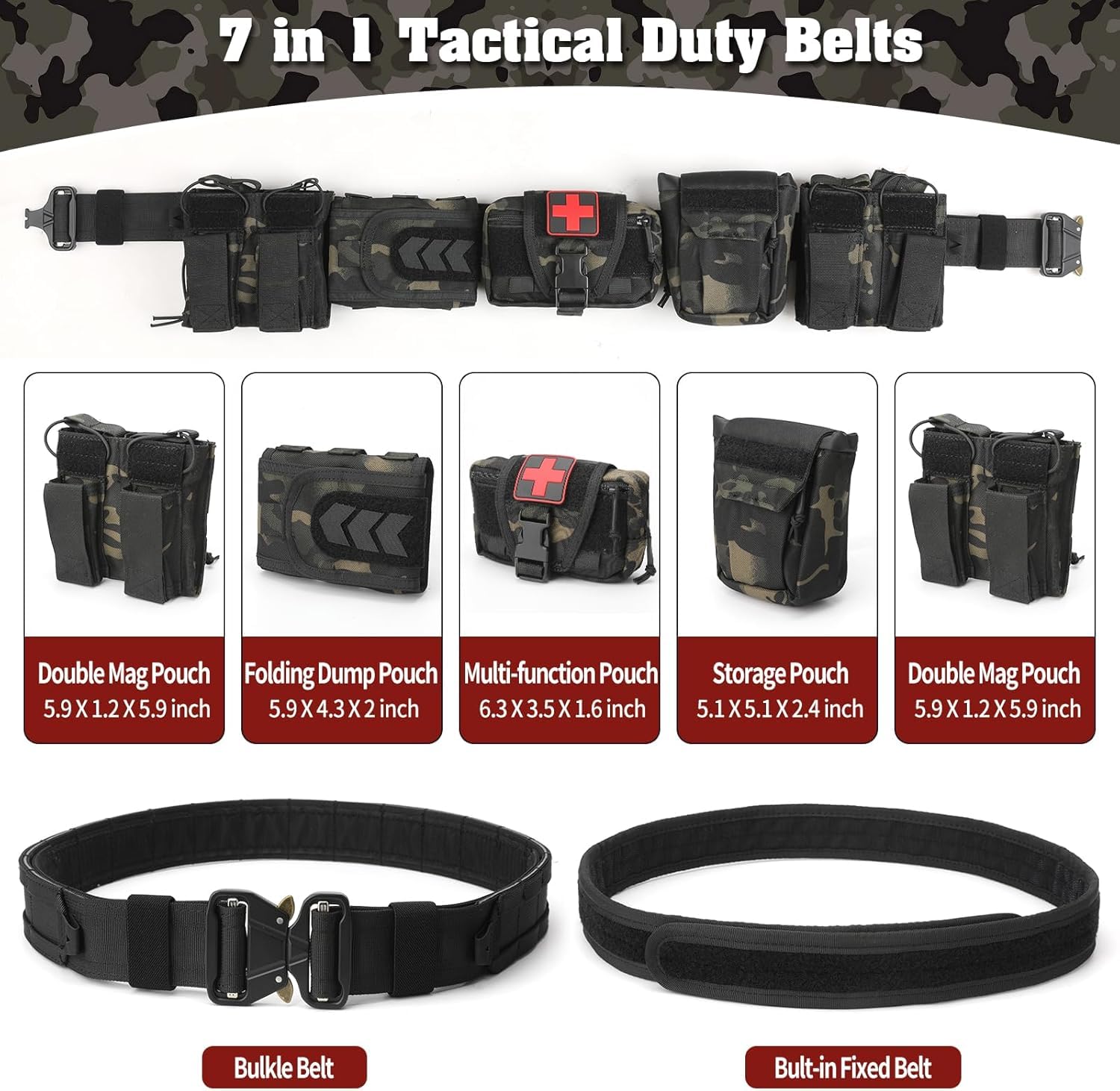 BOMTURN Battle Belt Tactical Belt with Accessories: Duty Belts Law Enforcement Combat Airsoft Police Belts with Pouches 7pcs