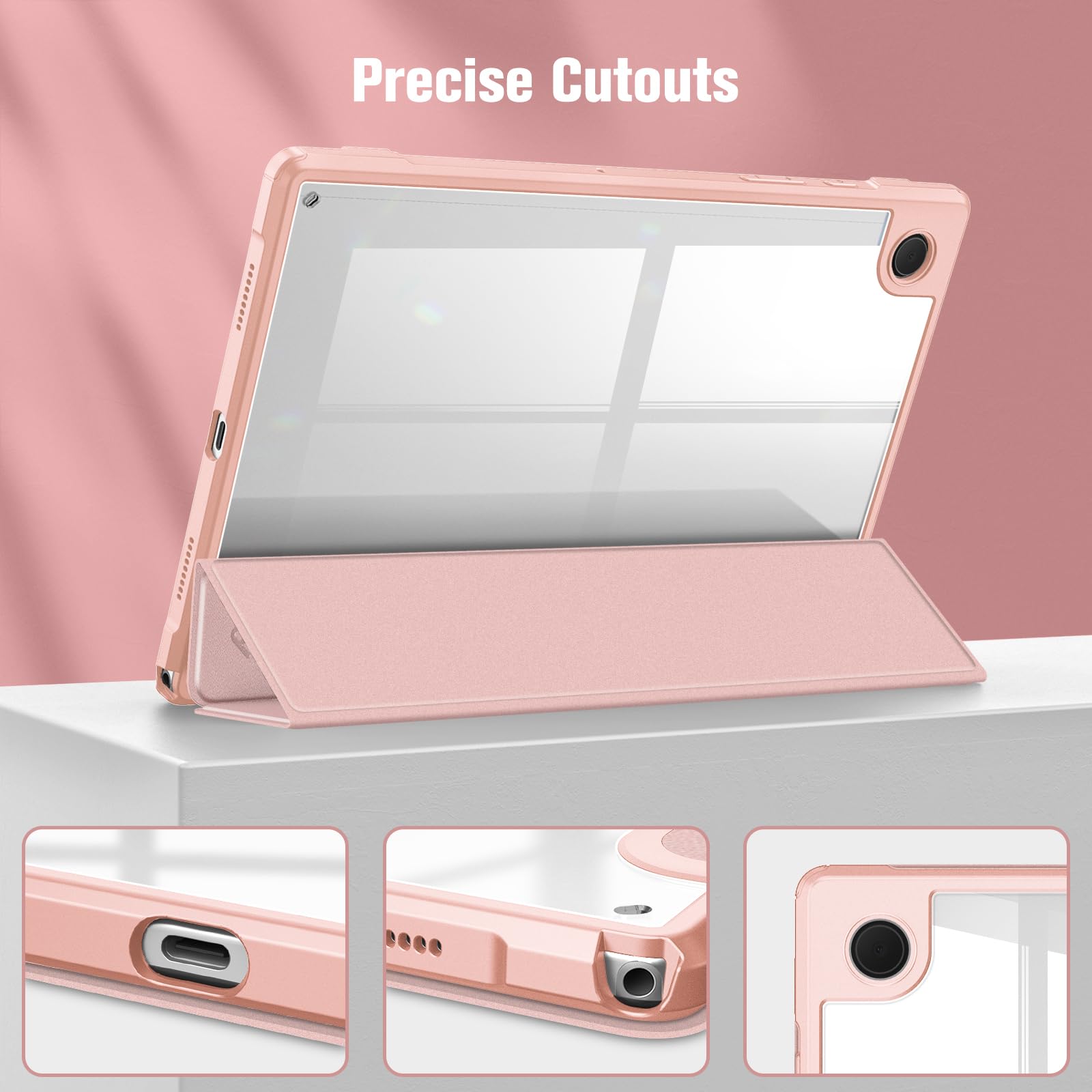 Fintie Hybrid Slim Case for Samsung Galaxy Tab A8 10.5 Inch 2022 Model (SM-X200/X205/X207), Shockproof Cover with Clear Transparent Back Shell, Auto Wake/Sleep, Rose Gold