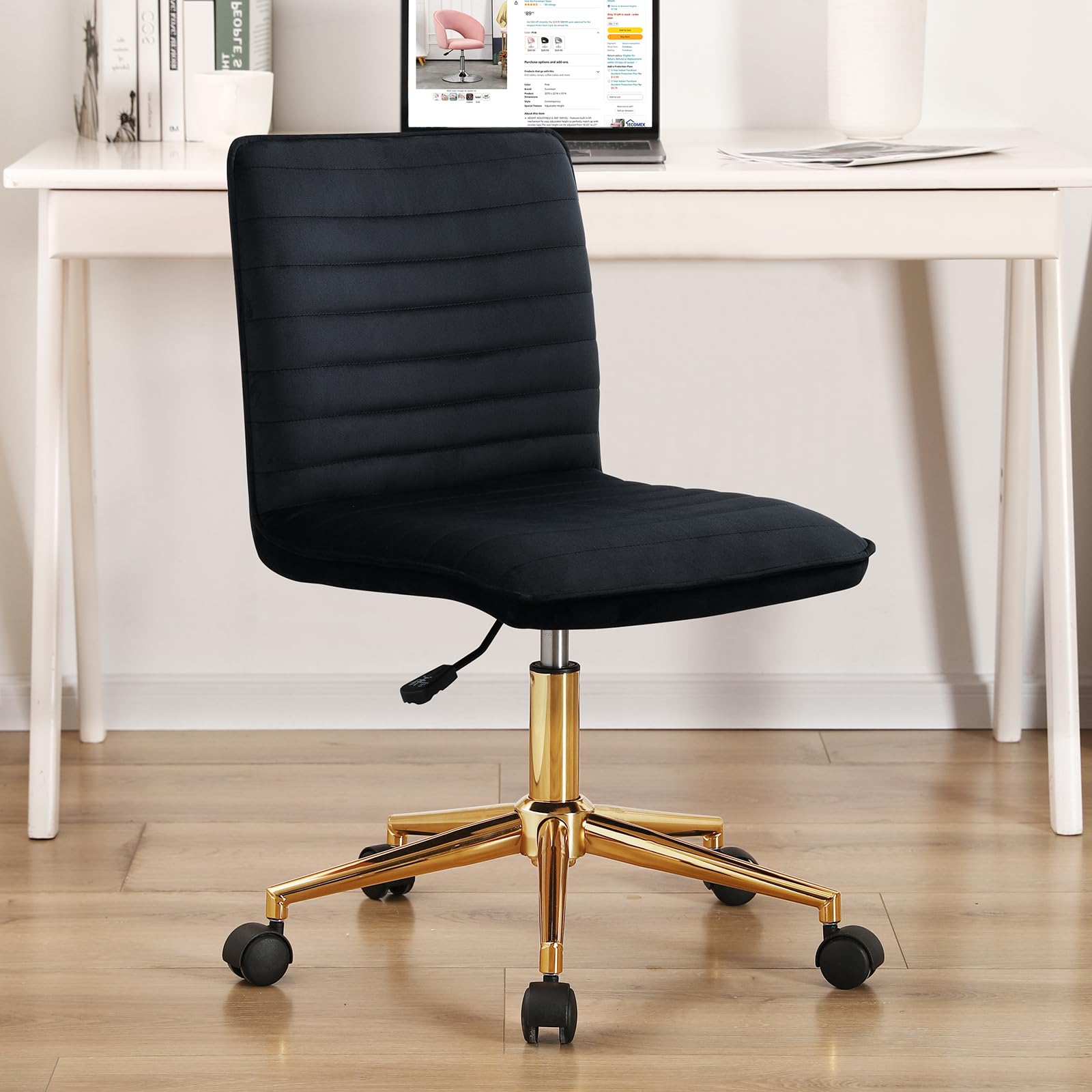 Furnimart Black Swivel Armless Desk Chair with Wheels, Small Velvet Upholstered Home Office Chair Mid-Back Adjustable Chair for Bedroom Dorm Living Room (Velvet-Black)