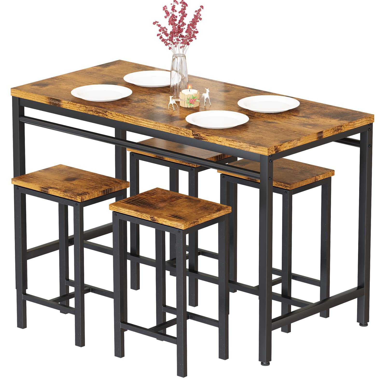 AWQM 5 Piece Bar Table Set, Modern Counter Height Dining Table and Chairs Set for 4, Wood Kitchen Table and 4 Bar Stools for Small Spaces, Apartment, Pub, Dining Room (Rustic Brown)