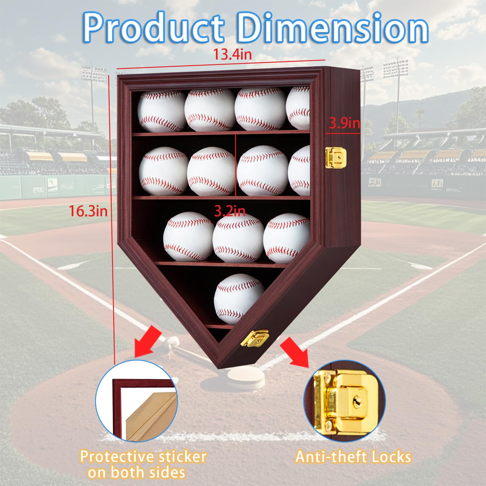 BYOSII Baseball and Championship Ring Display Case 12 Baseball Holders for Balls Display Baseball Ring Display Wall Cabinet with 98% Uv Protection for Collection Autographed Baseball Championship Ring