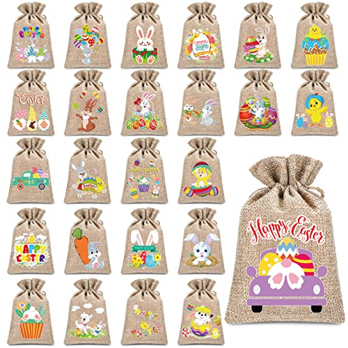 50 Pcs Easter Burlap Bags with Drawstring Bunny Burlap Gift Bag Burlap Bunny Bag Gift Wrap Bags Goody Bags for Kids Easter Party Favor Supply DIY Craft