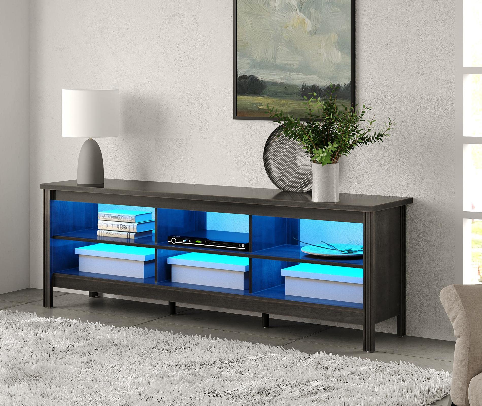 WAMapat LED TV Stand for 75 Inch TV, Modern Entertainment Center Console Table with Blue LED Light & 6 Cubbies, Living Room, Bedroom, Office, Black