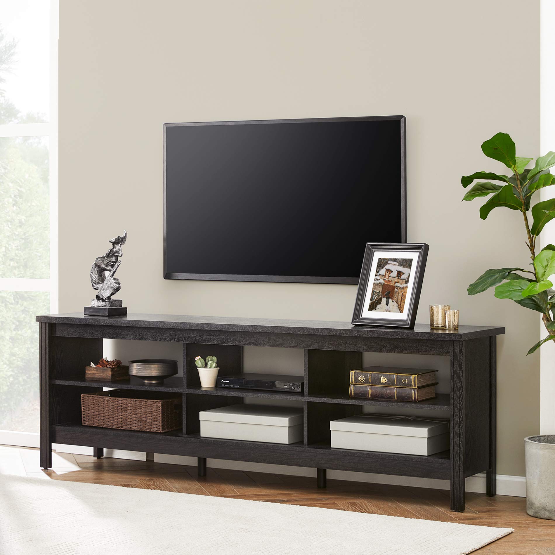 WAMapat LED TV Stand for 75 Inch TV, Modern Entertainment Center Console Table with Blue LED Light & 6 Cubbies, Living Room, Bedroom, Office, Black
