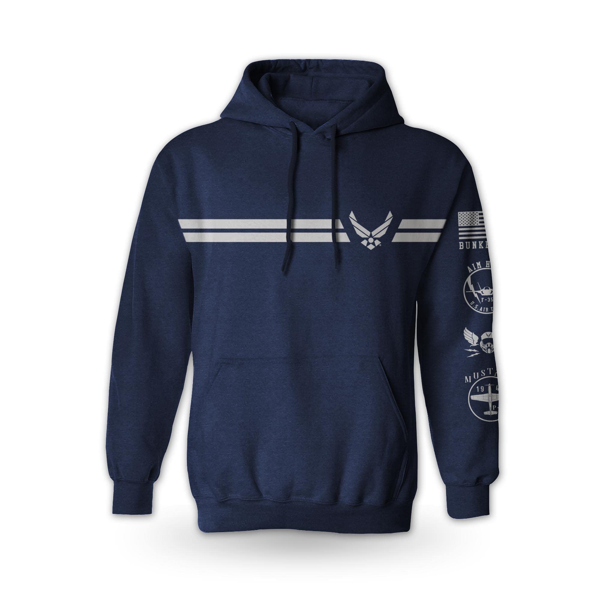 BUNKER 27 Air Force Stripe Logo Pullover Hoodie - 2XL - Heather Navy