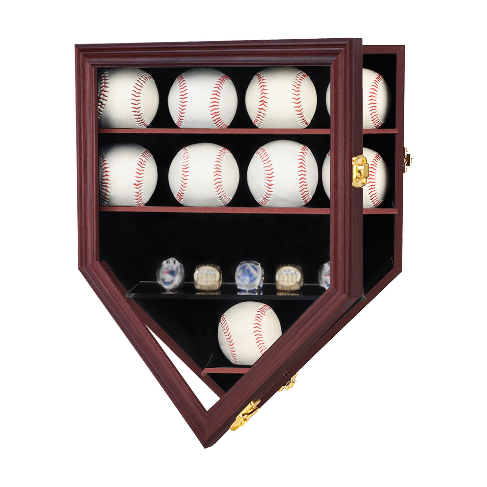 BYOSII Baseball and Championship Ring Display Case 12 Baseball Holders for Balls Display Baseball Ring Display Wall Cabinet with 98% Uv Protection for Collection Autographed Baseball Championship Ring