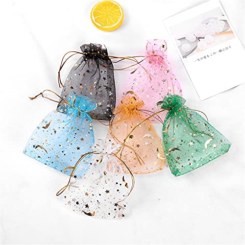 Pack of 100 melange organza bag 5"x7" hot stamping star and moon pattern wedding gift bag with drawstring