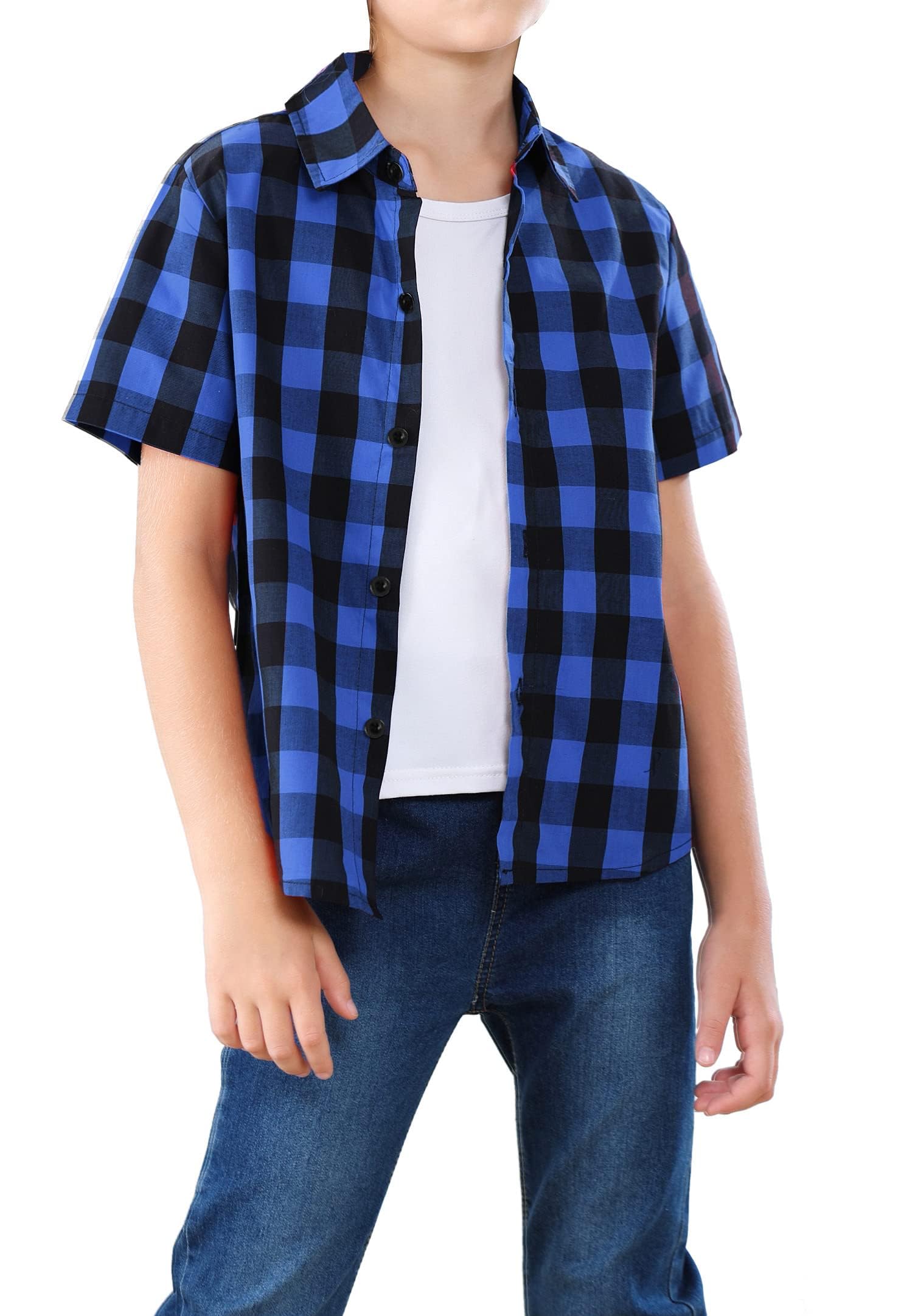 Cromoncent Mens Plaid Shirt Short Sleeve Summer Button Down Shirts Buffalo Plaid Blue, Large