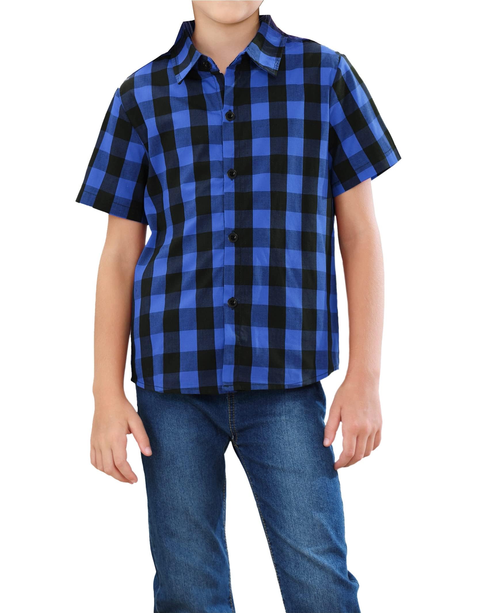 Cromoncent Mens Plaid Shirt Short Sleeve Summer Button Down Shirts Buffalo Plaid Blue, Large