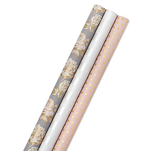 Hallmark Premium Wrapping Paper with Cut Lines on Reverse (3 Rolls: 85 sq. ft. ttl) Gold Hearts, Rose Flowers, White Stripes for Birthdays, Weddings, Mother's Day, Valentine's Day, Bridal Showers