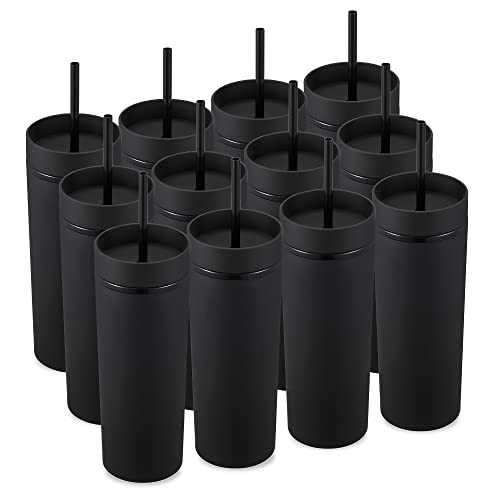 MEWAY 20oz Skinny Tumblers 12 Pack Double Wall Acrylic Tumbler with Lid and Straw,Matte Pastel Colored Reusable Plastic Cups With Straw for Parties, Birthdays,Customization DIY Gifts(Black,Set of 12)