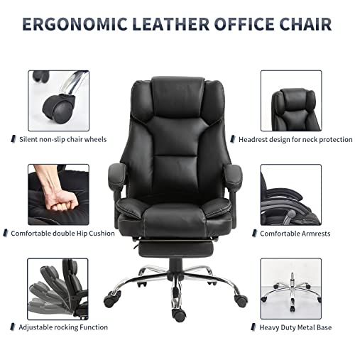 Massage Office Chair with Footrest,Ergonomic Executive Home Office Chairs,Faux Leather and Adjustable Height Swivel Recliner Computer Chair (Black)