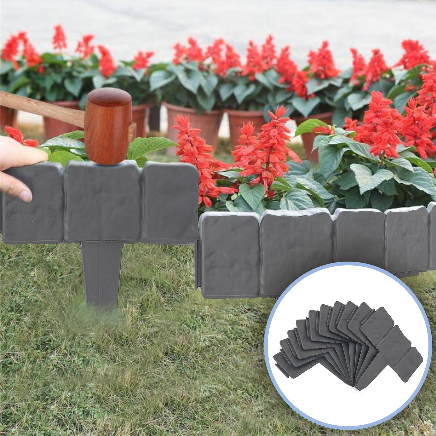 MYOYAY 80pcs Garden Landscape Border Edging - 65ft Plastic Fencing Lawn Border Stone Effect Fence for DIY Decorative Flower and Grass Bed Edging,Interlocking Outdoor Lawn Stakes(Grey)