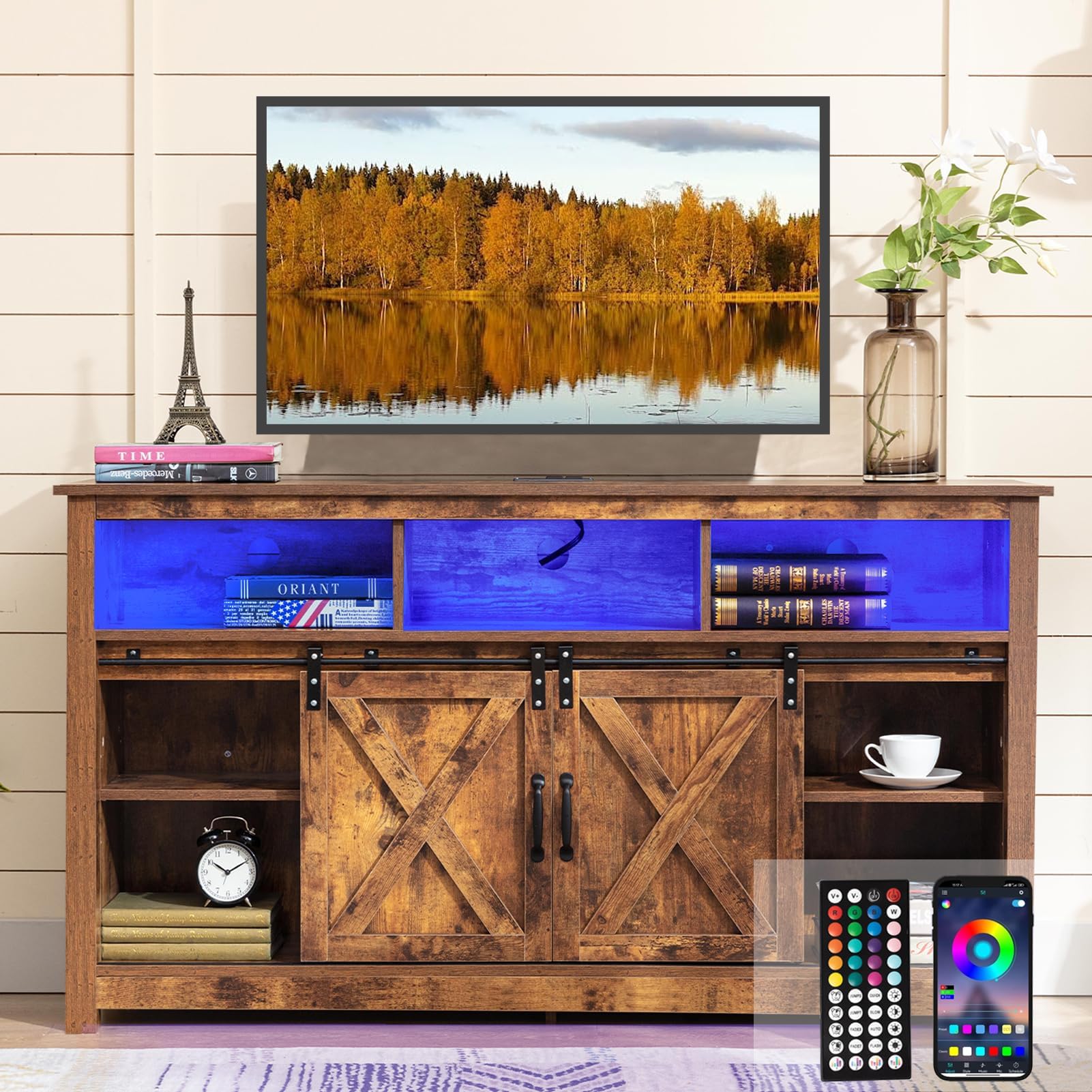 Vinctik 6&Fox 57ā Wooden Farmhouse TV Stand for 60/65 inch TV,Double Layer Storage Entertainment Center TV Console Table,w Double-Row Sockets and 2 Sliding Barn Door,Media Cable Box(Vintage Brown)