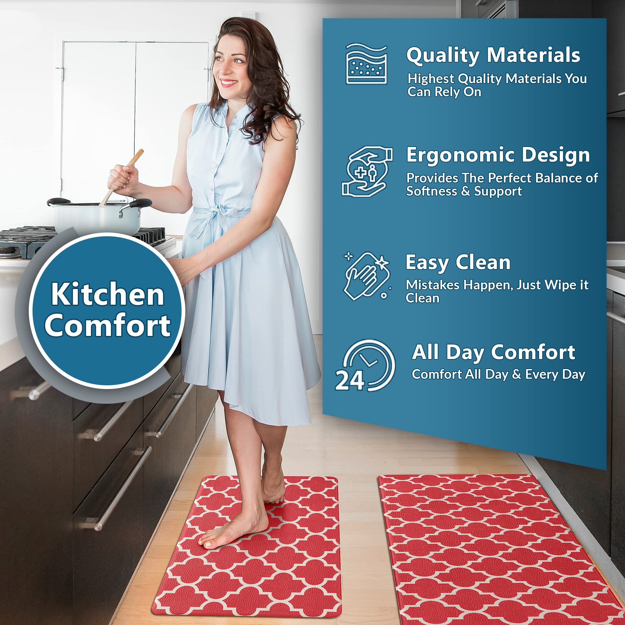ComfiLife Kitchen Mats for Floor (2 PCs) β Cushioned Anti Fatigue Kitchen Rug for Comfortable Standing β Waterproof, Easy Clean, Non-Slip, Thick Kitchen Mat Set for Home, Office, Sink, Laundry (Red)