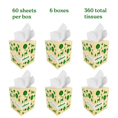 Caboo Tree Free Bamboo Facial Tissue Paper, Eco Friendly Hypoallergenic Tissue Box with 60 Sheets Per Cube, Total of 6 Cubes, 360 Total Tissues