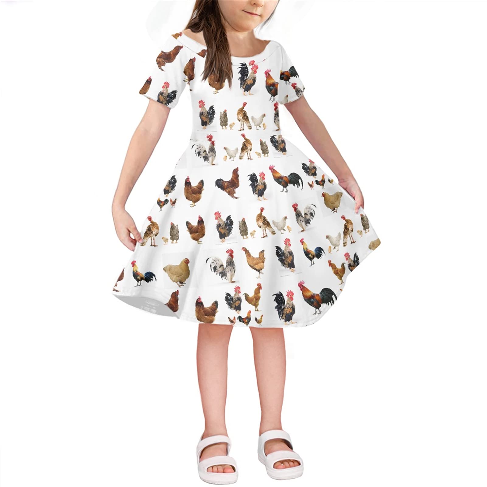 Biyejit Rooster Chicken Print Girl's Short Sleeve Dress 3D Printed Casual Swing Twirl Skirt for Holiday Theme Party 3-14Y
